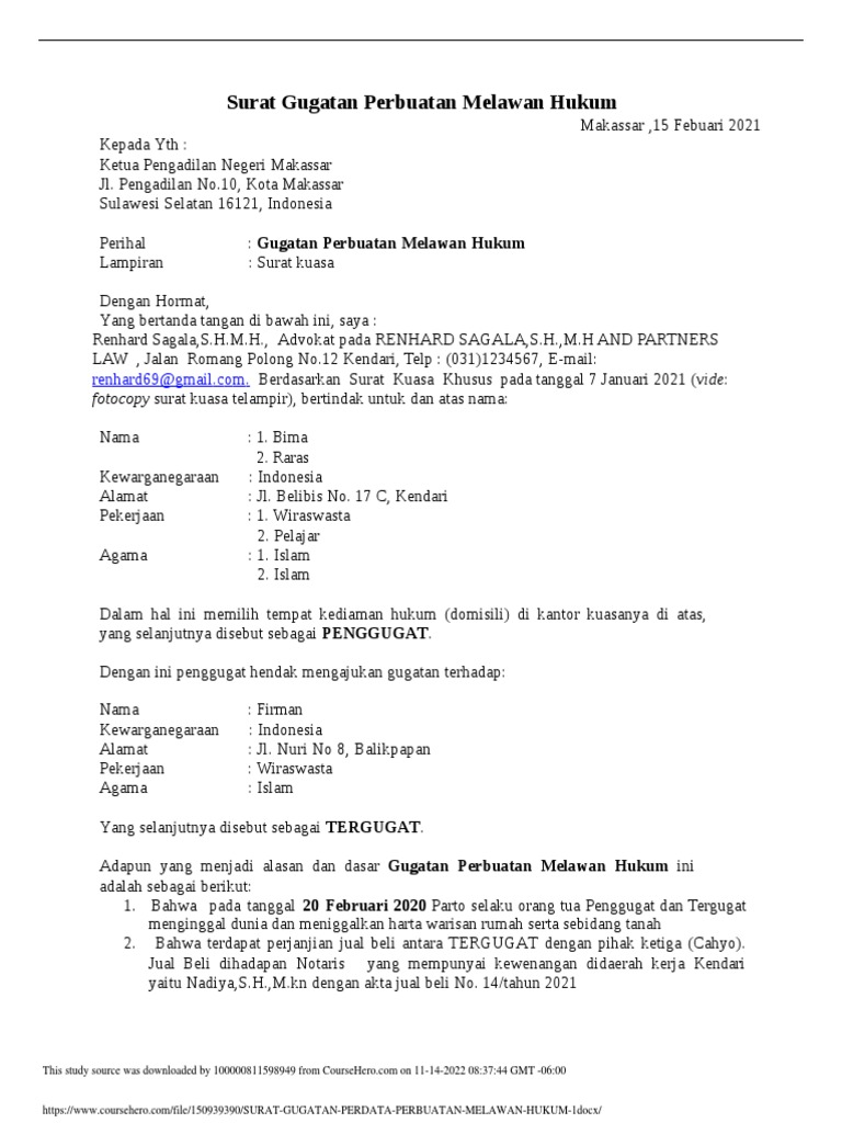 Surat Gugatan Perdata Perbuatan Melawan Hukum 1 | PDF