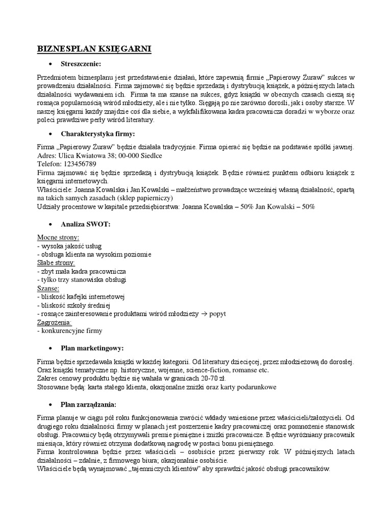 Biznesplan Księgarni | PDF