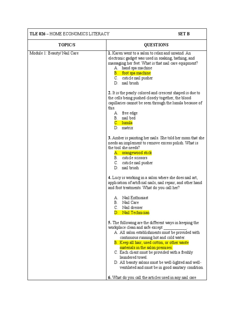 TLE 026 Deptals Set B | PDF | Nail (Anatomy) | Massage