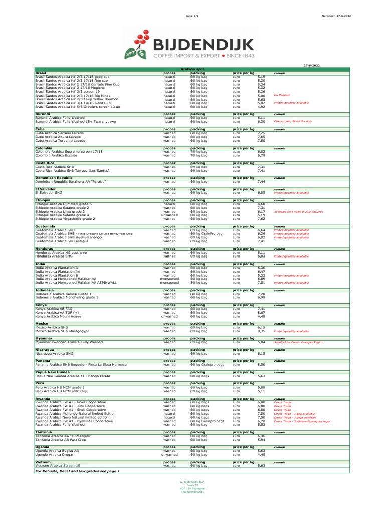 BIJDENDIJK Offerlist Conventional 27.06.2022 | PDF | Coffee | Edible Plants