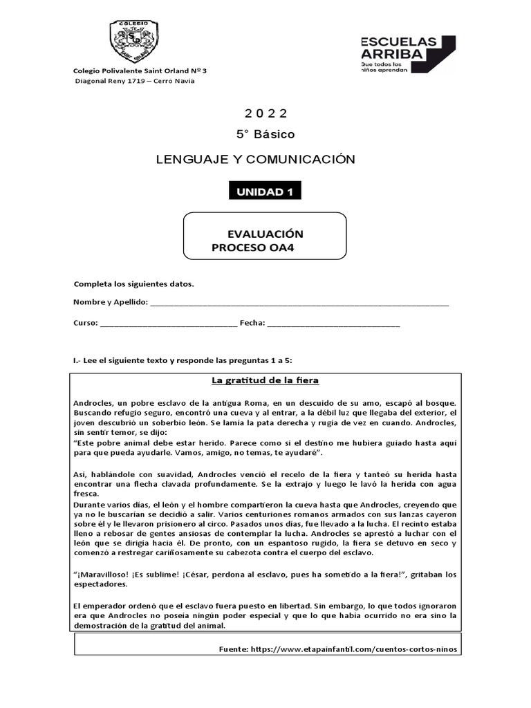 Prueba de Lenguaje 5° Básico OA4 | PDF