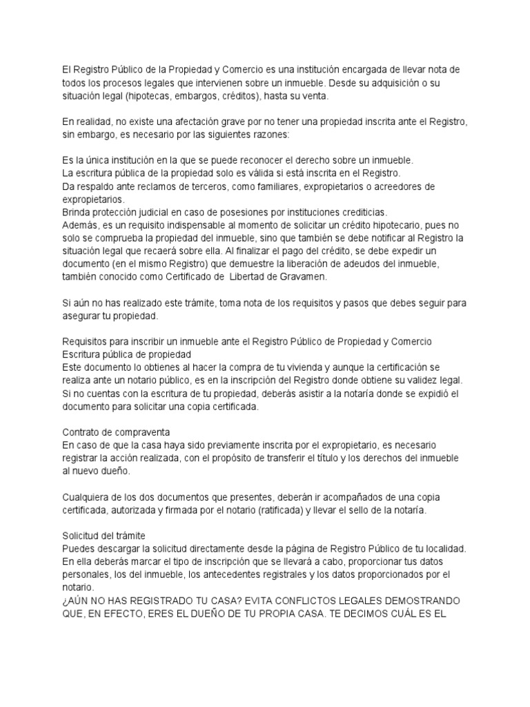 El Registro Público de La Propiedad y Comercio Es Una Institución ...