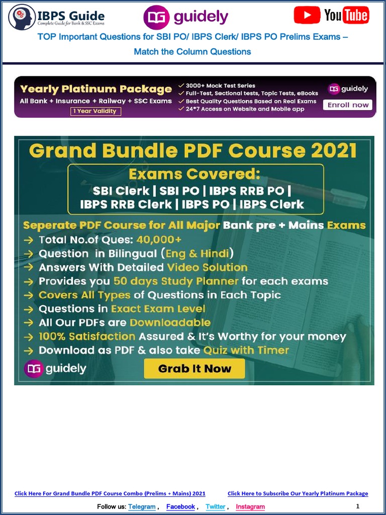 TOP Important Questions For SBI PO/ IBPS Clerk/ IBPS PO Prelims Exams - Match The Column ...