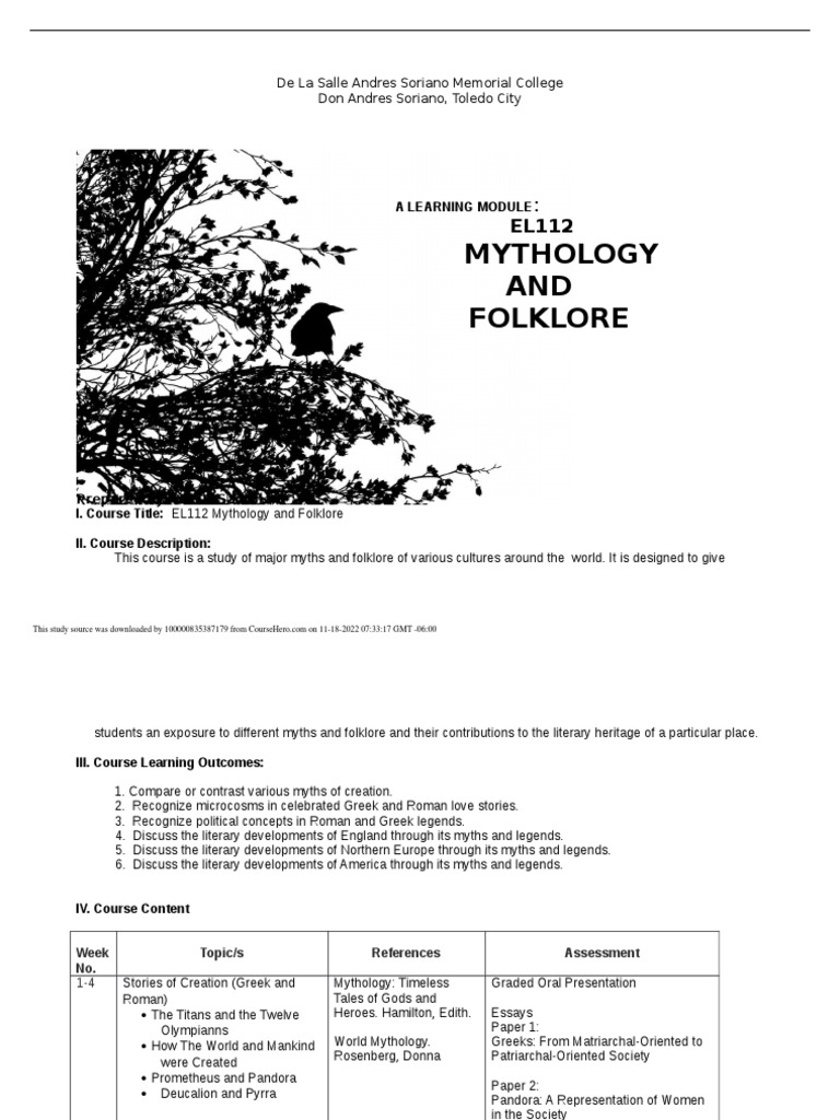 Mythology and Folklore Syllabus | PDF | Greek Mythology | Folklore