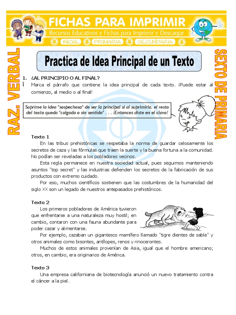 Practica de Idea Principal de Un Texto para Sexto de Primaria | PDF ...