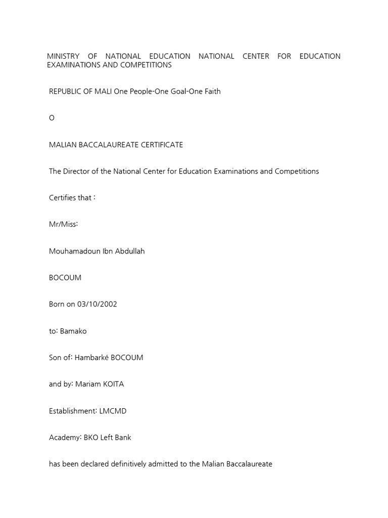 BKO Certificate: Malian Baccalaureate 2022 | PDF | Business