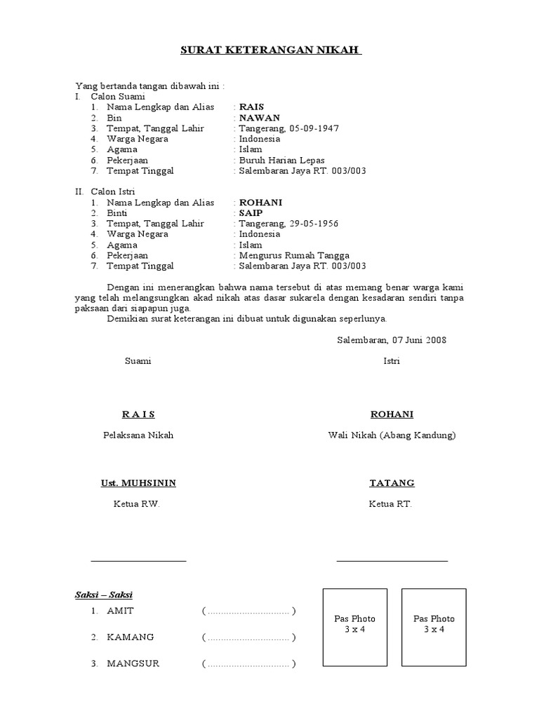 Contoh Surat Keterangan Nikah | PDF