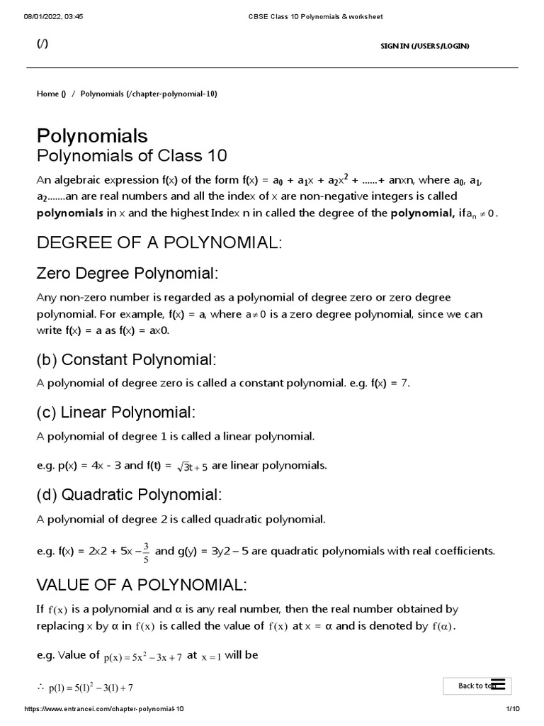 CBSE Class 10 Polynomials & Worksheet | PDF | Polynomial | Quadratic Equation