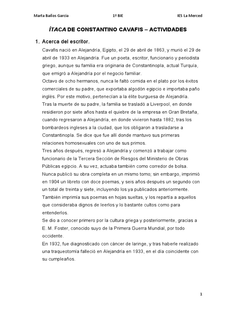 Actividades sobre Ítaca de Cavafis | PDF | Poesía | Clásicos