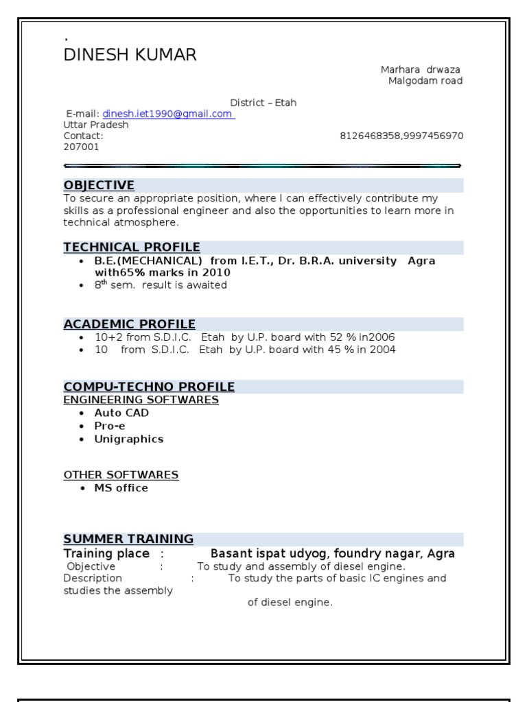 Mechanical Engineer Resume of Dinesh Kumar | PDF | Technology & Engineering