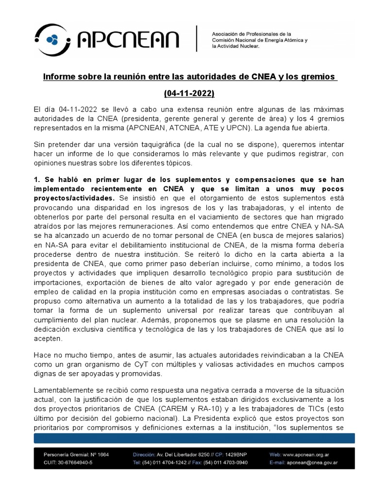 Informe de reunión CNEA y gremios | PDF | Salario