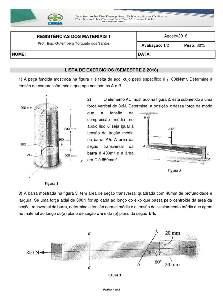 Lista de Exercício - ResMat 1 | PDF | Estresse (Mecânica) | Mecânica de continuidade