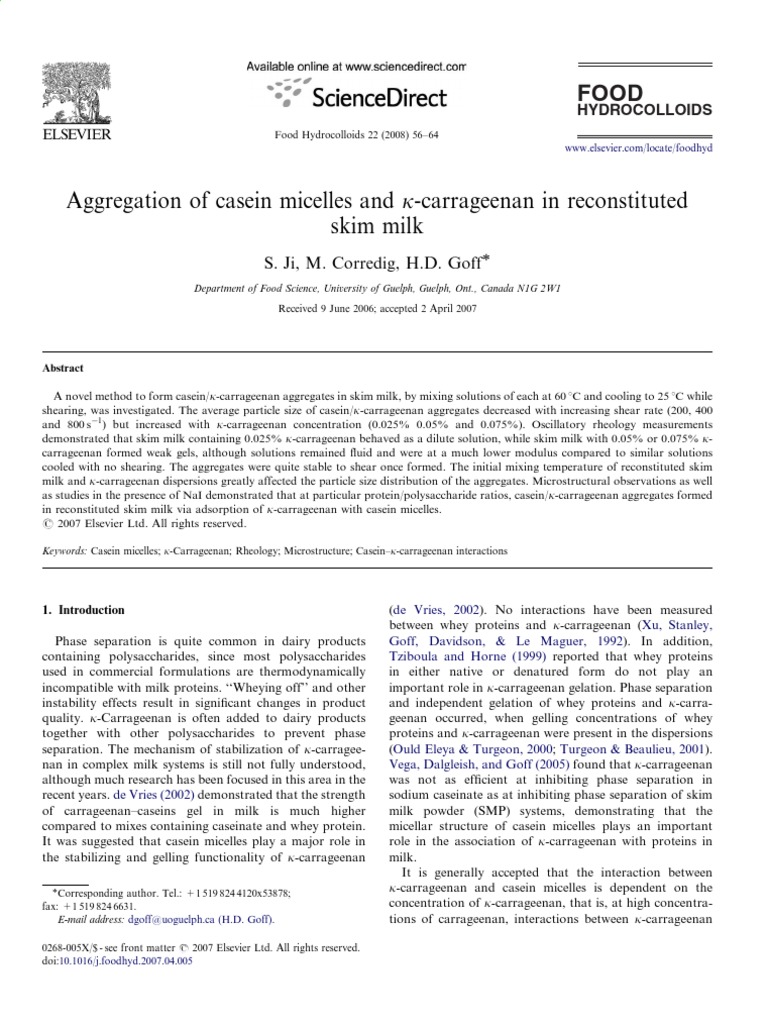 Aggregation of Casein Micelles and K-Carrageenan in Reconstituted Skim ...