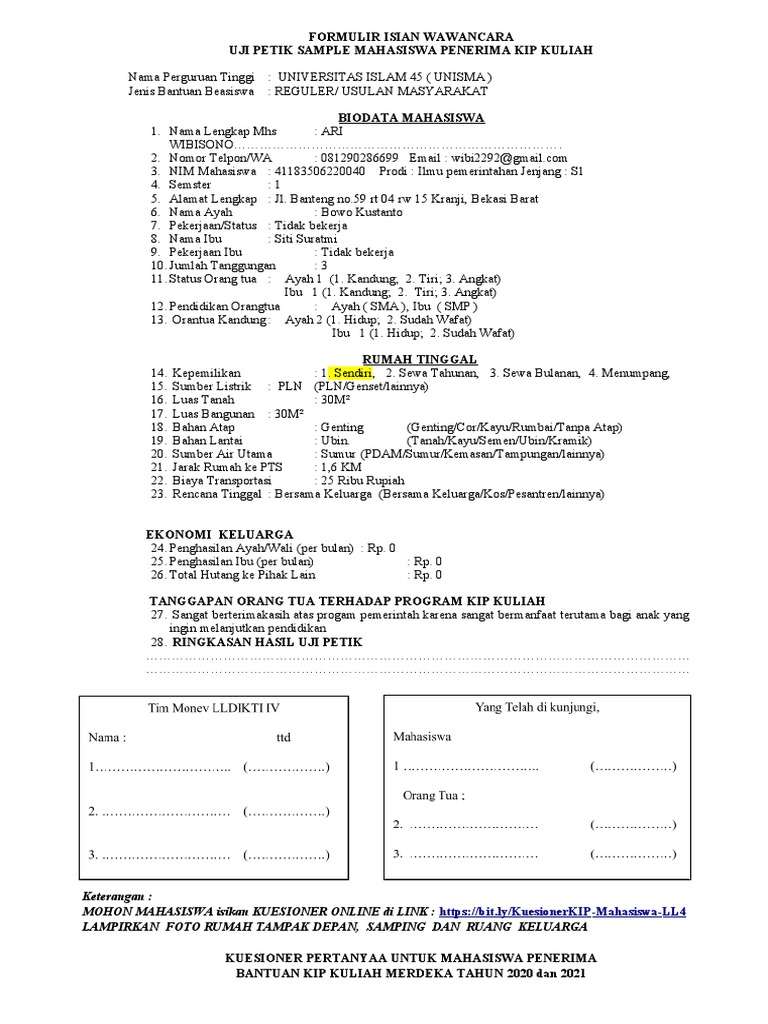 Kuesioner Monitoring Lldikti 4 Isian Sample Mahasiswa Kip Kuliah | PDF