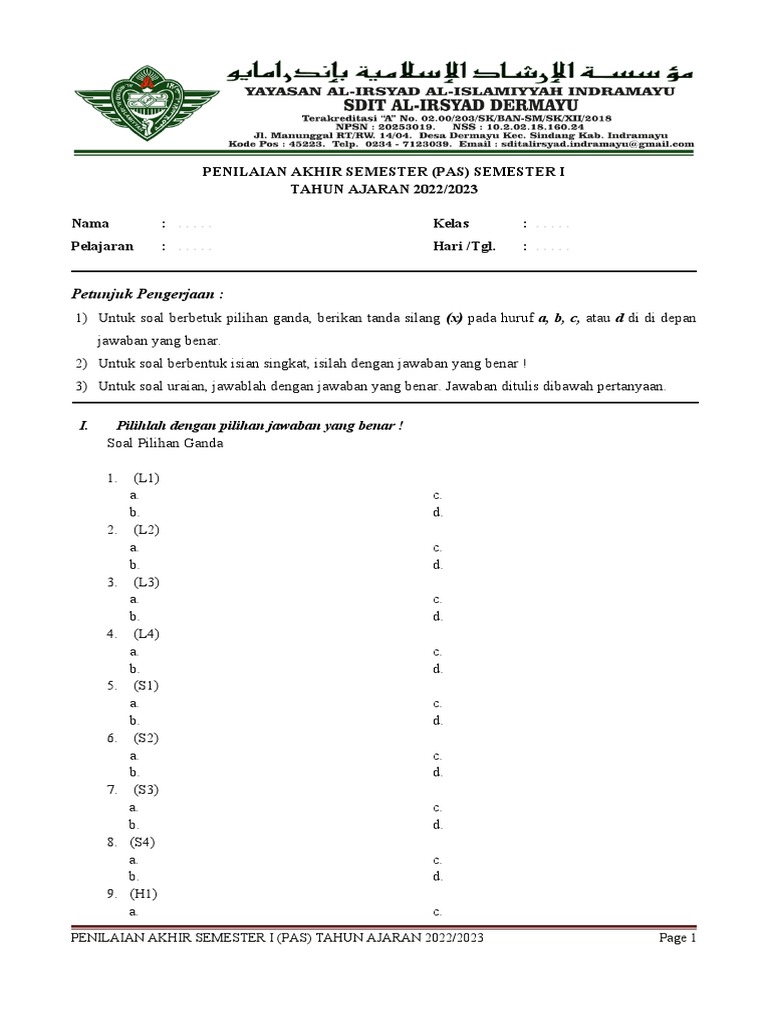 Blanko Soal PAS Semester 1 | PDF