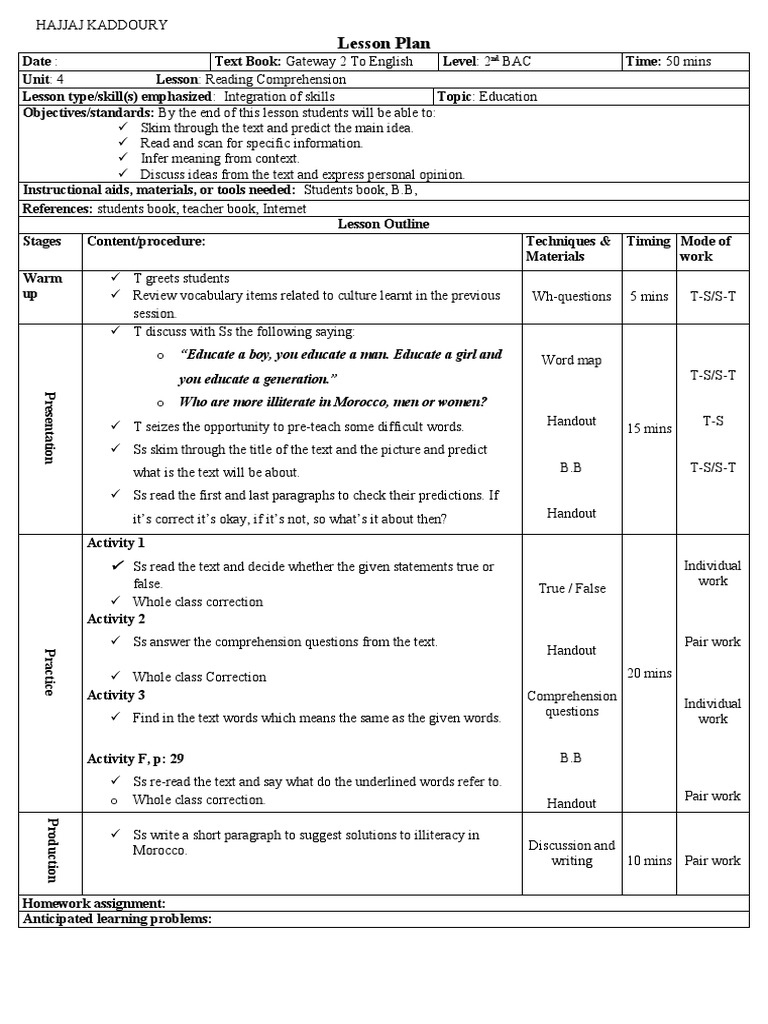 2nd BAC Reading Comprehension Plan | PDF | Reading Comprehension | Cognition