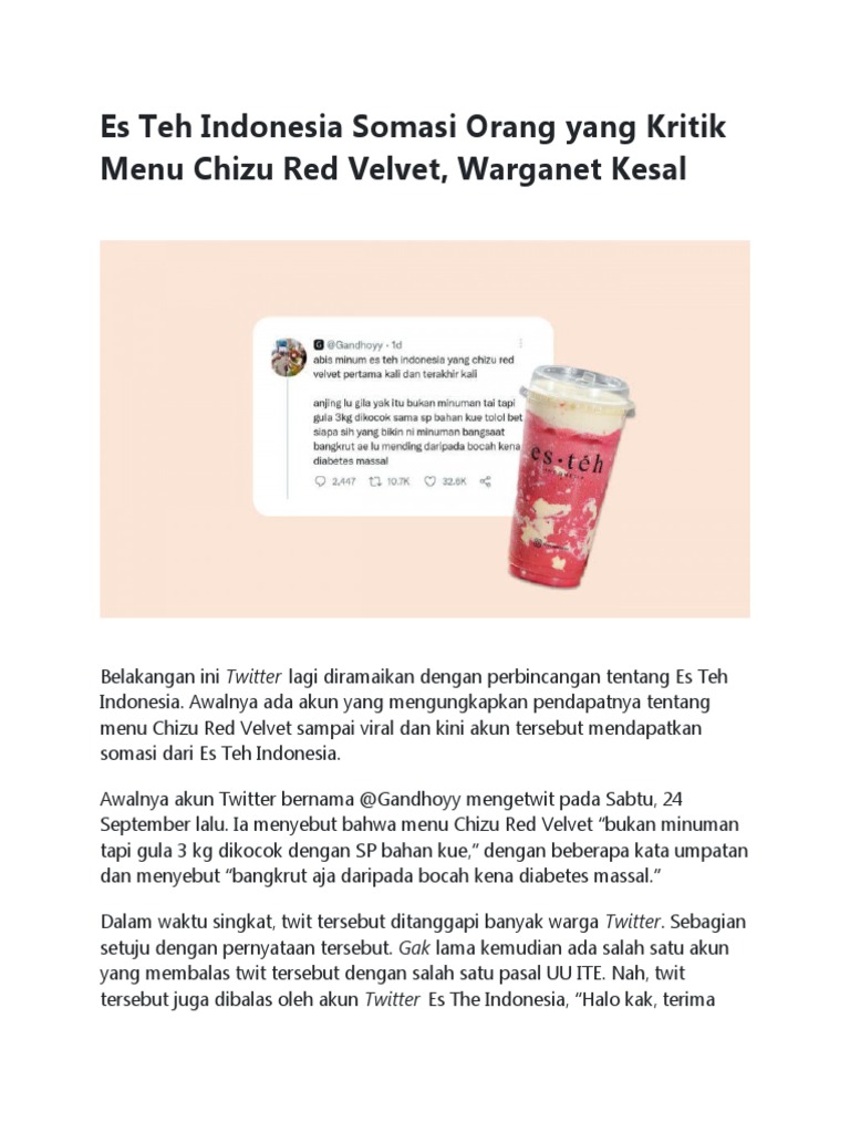 Es Teh Indonesia Somasi Orang Yang Kritik Menu Chizu Red Velvet | PDF