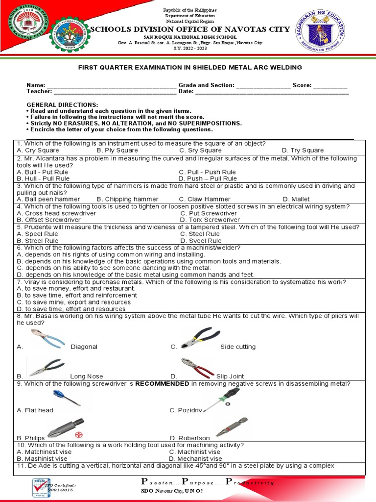 1ST Quarter Examination Smaw W - Key To Corrections | PDF | Area | Volume