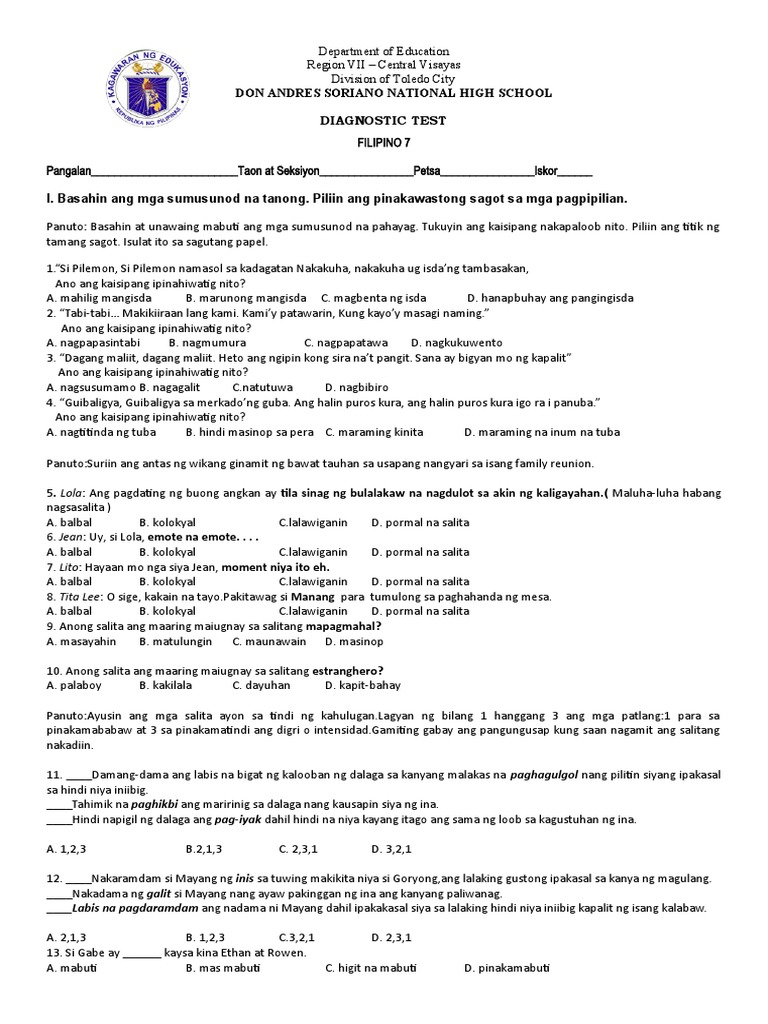 Diagnostic Test Sa Filipino 7 | PDF