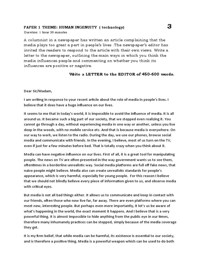 PAPER 1 THEME HUMAN INGENUITY LETTER To The EDITOR 3 | PDF