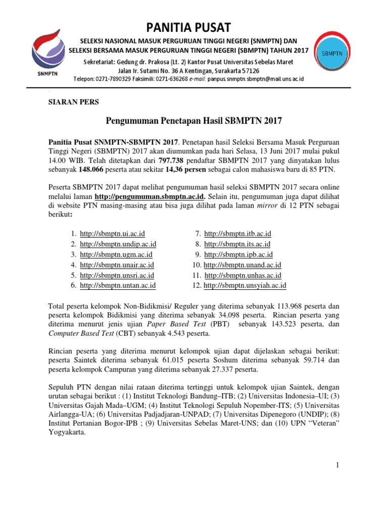 Pengumuman SBMPTN 2017 | PDF | Karier & Perkembangan | Komputer