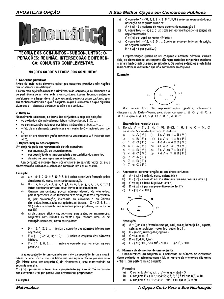 Teoria Dos Conjuntos - Subconjuntos O-Perações: Reunião, Intersecção E ...