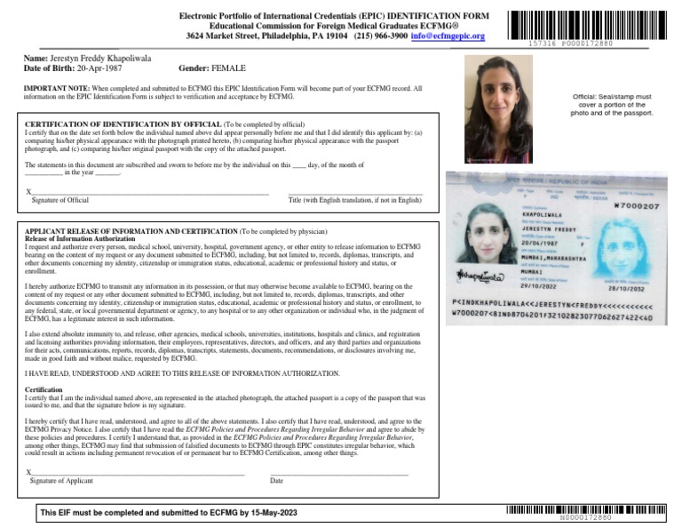 EPIC EIF Khapoliwala Jerestyn Freddy | PDF | Identity Document | Passport