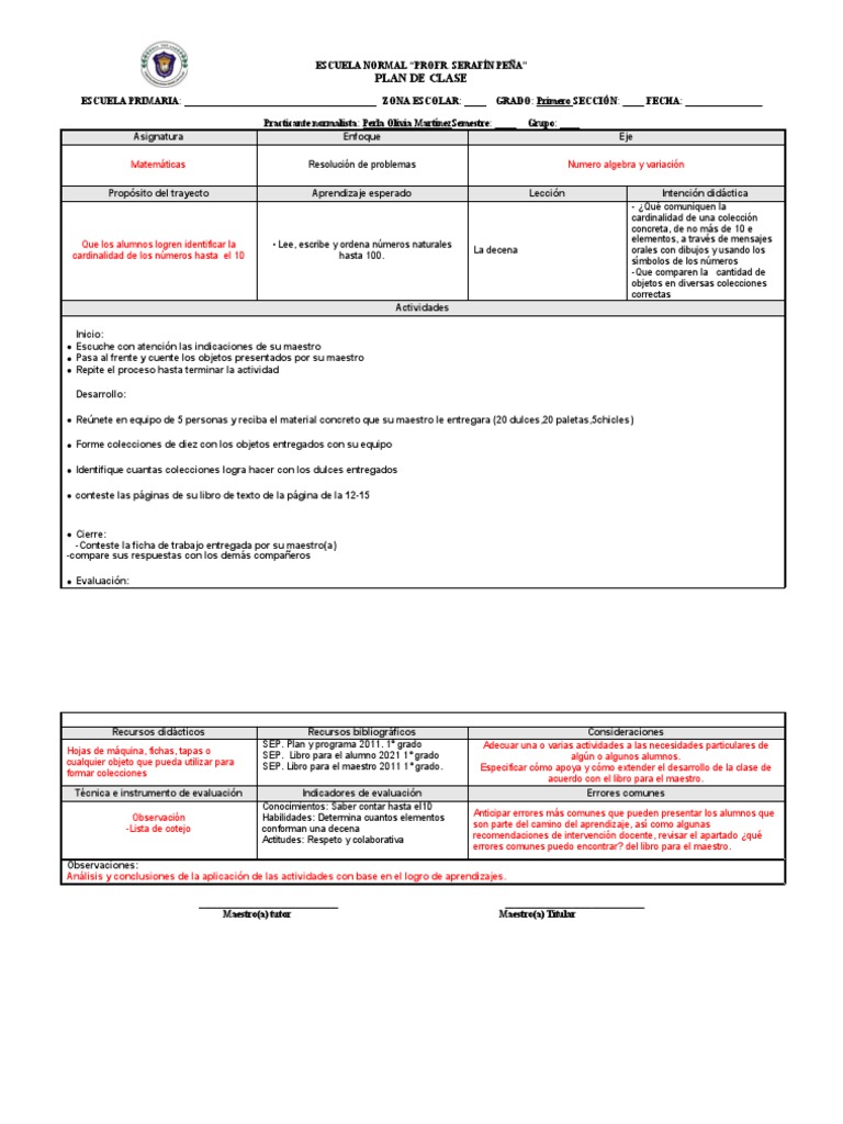 Plan de Clase Primer Grado | PDF | Evaluación | Modificación de comportamiento