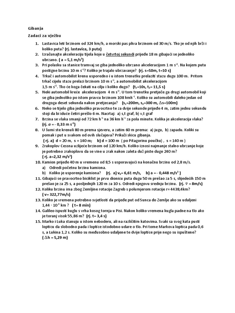 Gibanja - Zadatci Za Vježbu | PDF