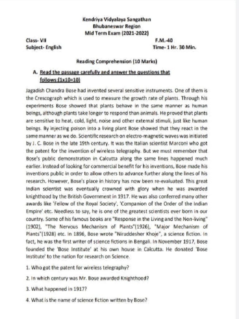 Class 7 Sample Questions of English | PDF