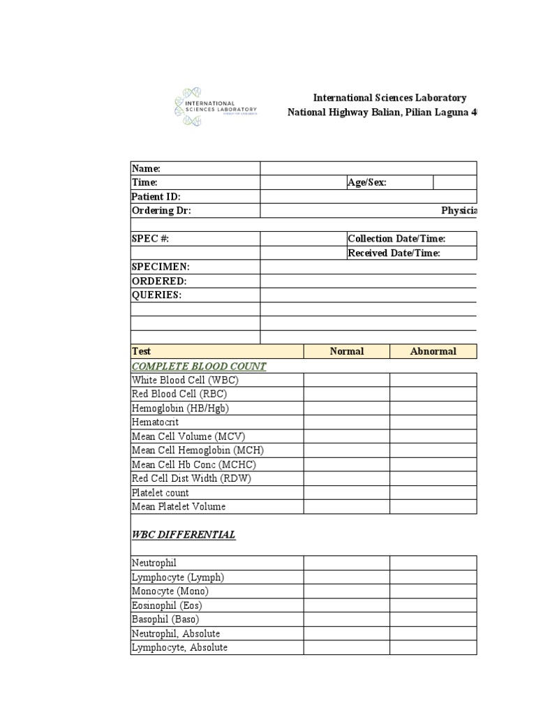 Complete Blood Count (CBC) Test Results for an Unknown Patient | PDF