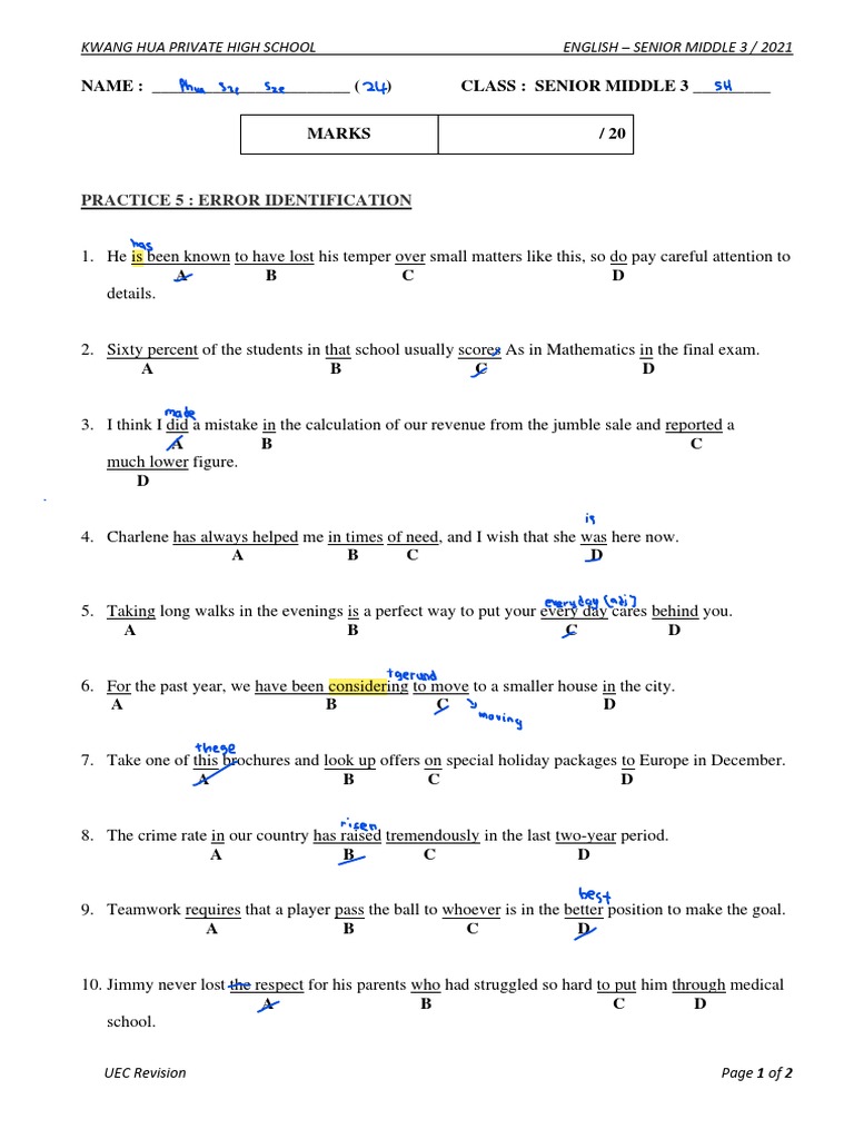 Analysis of errors and word forms in an English practice test for ...