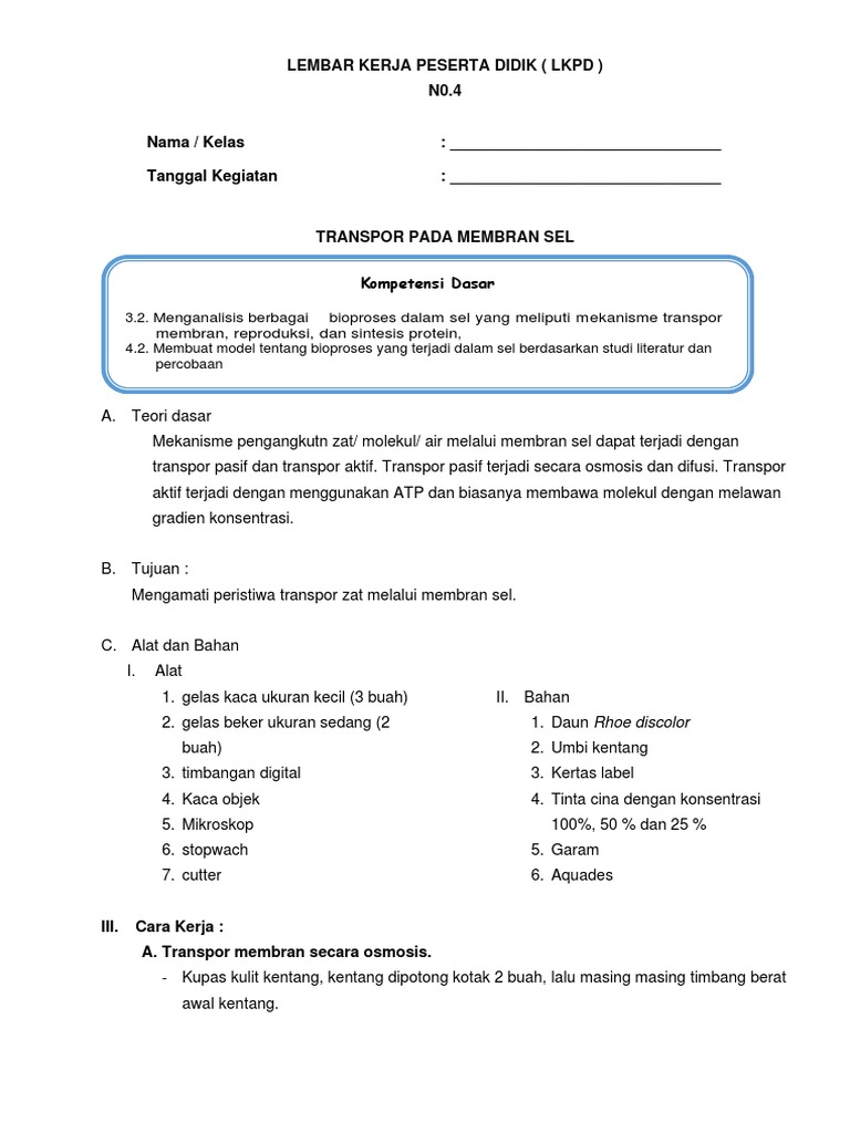 LKPD 4 (Prak Transpor Membran) | PDF