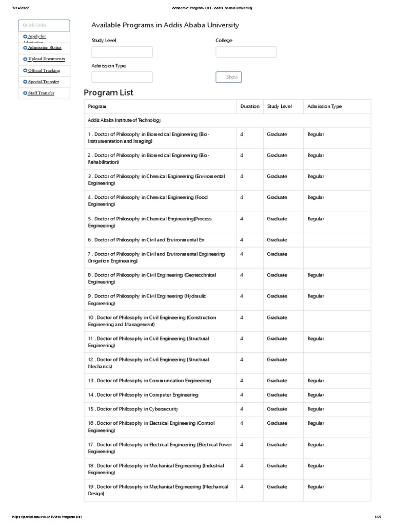 Program List: Available Programs in Addis Ababa University | PDF ...