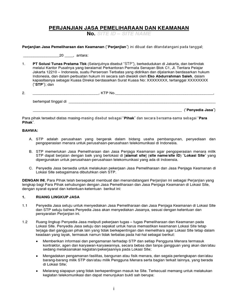 01 Surat Perjanjian Site Keeper revYS16-CLN | PDF | Pengelolaan ...