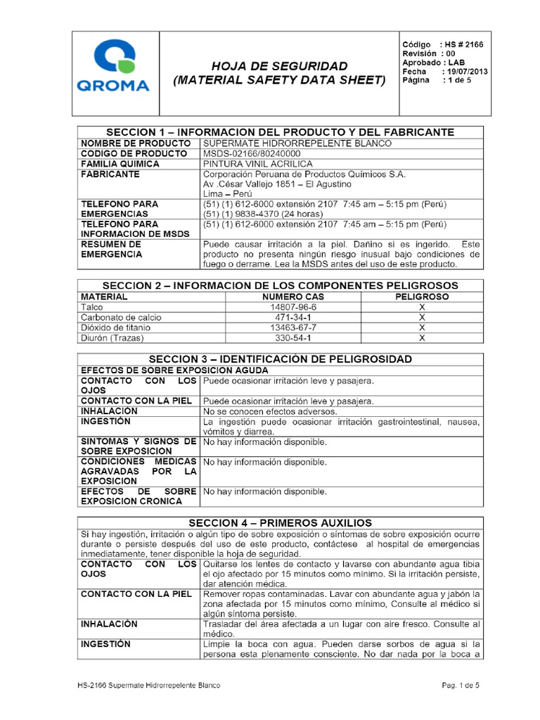 Hoja de Seguridad (Material Safety Data Sheet) - PDF Descargar Libre | PDF