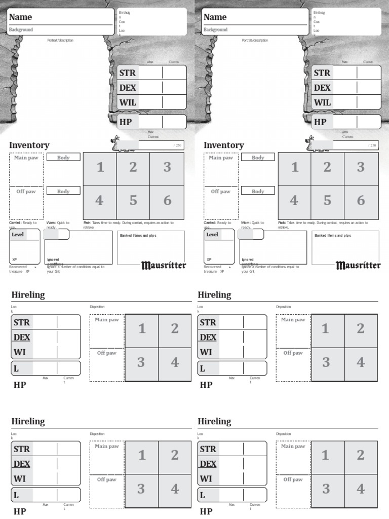 Mausritter Character Sheets | PDF