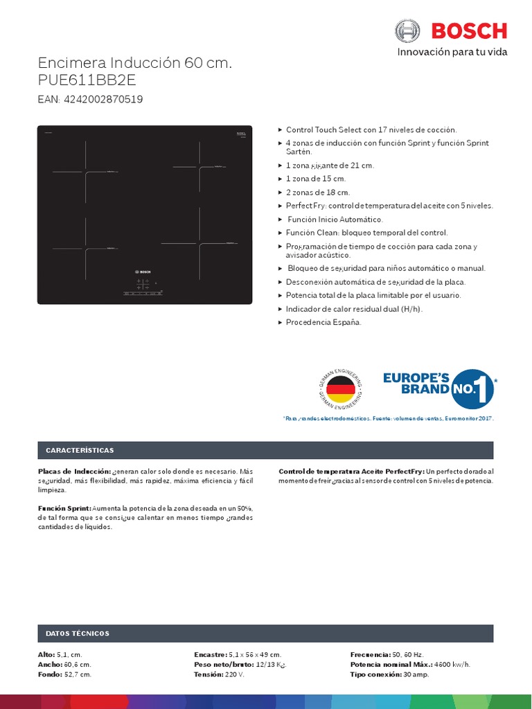 Encimera Inducción 60cm PUE611BB2E | PDF