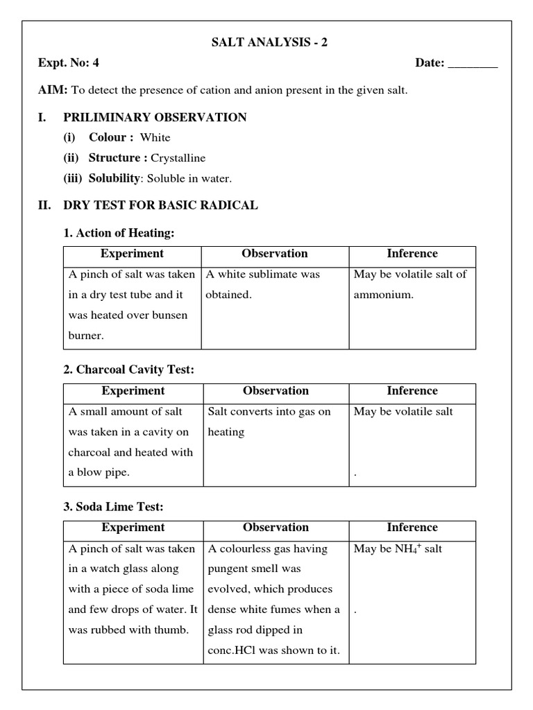 Salt Analysis 2 | PDF | Ammonium | Salt (Chemistry)