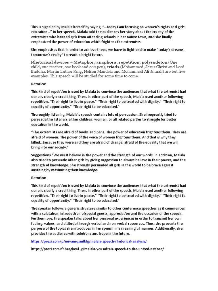Malala Speech Rhetorical Analysis | PDF | Malala Yousafzai