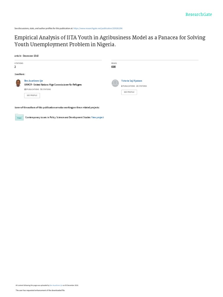 Empirical Analysis of IITA Youth in Agribusiness Model As A Panacea For ...