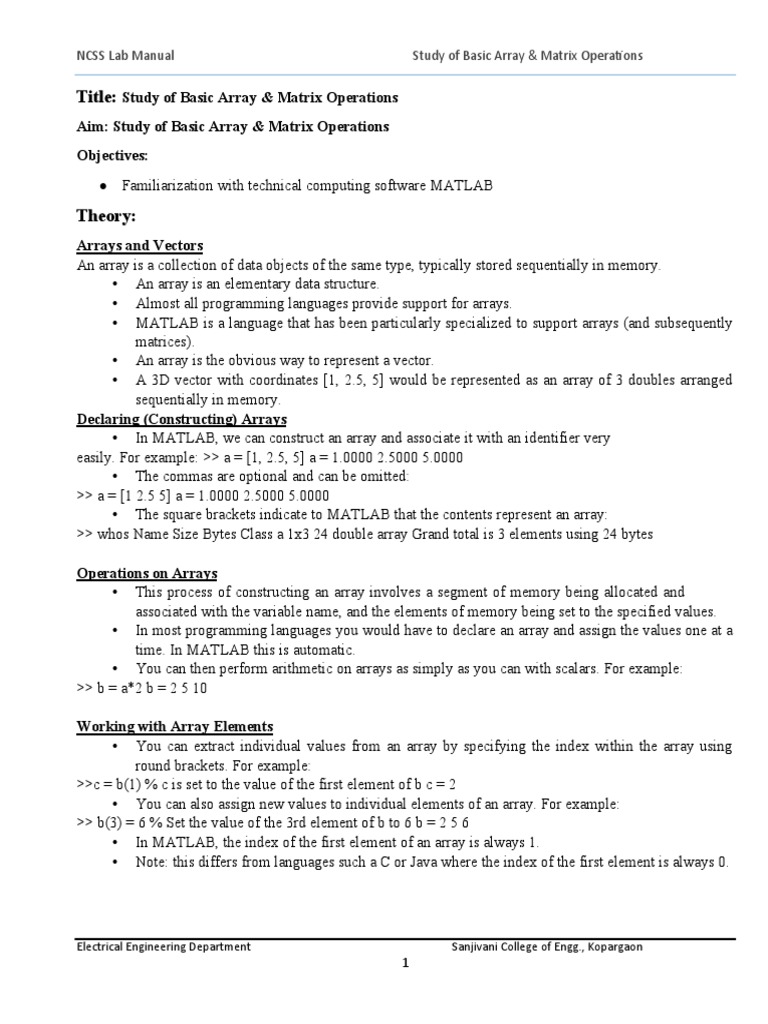 MATLAB Array and Matrix Operations | PDF | Matrix (Mathematics) | Matlab