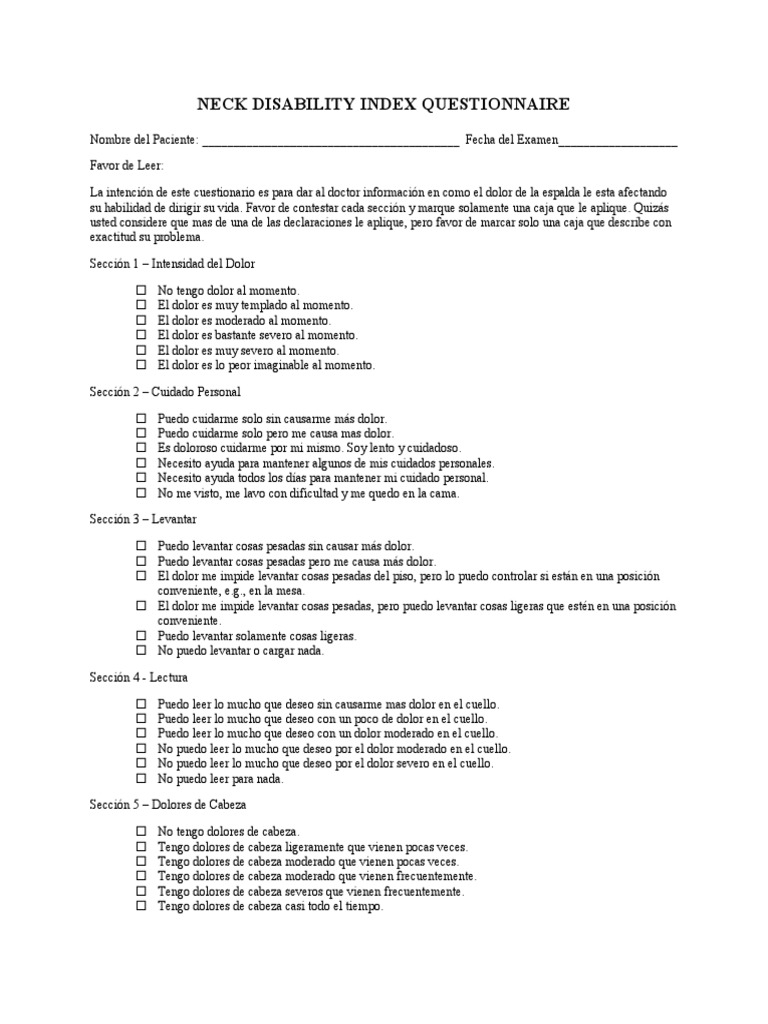 Neck Disability Spanish Version | PDF | Medicina CLINICA | Enfermedades ...