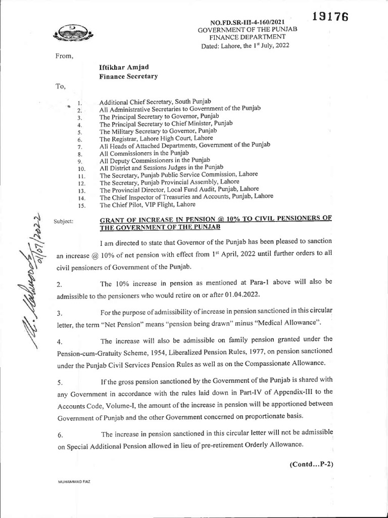 NO - FD.SR-III-4-160/2021: Muhammad Fiaz | PDF | Pension | Pakistan