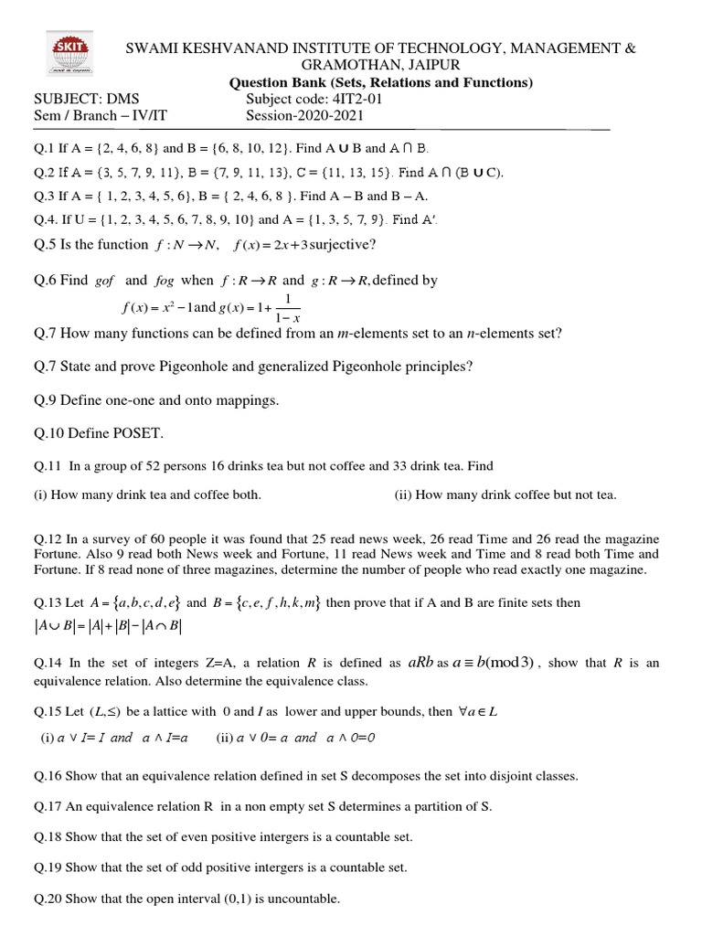 Question Bank of DMS - Sets, Relations and Functions | PDF | Function (Mathematics) | Integer