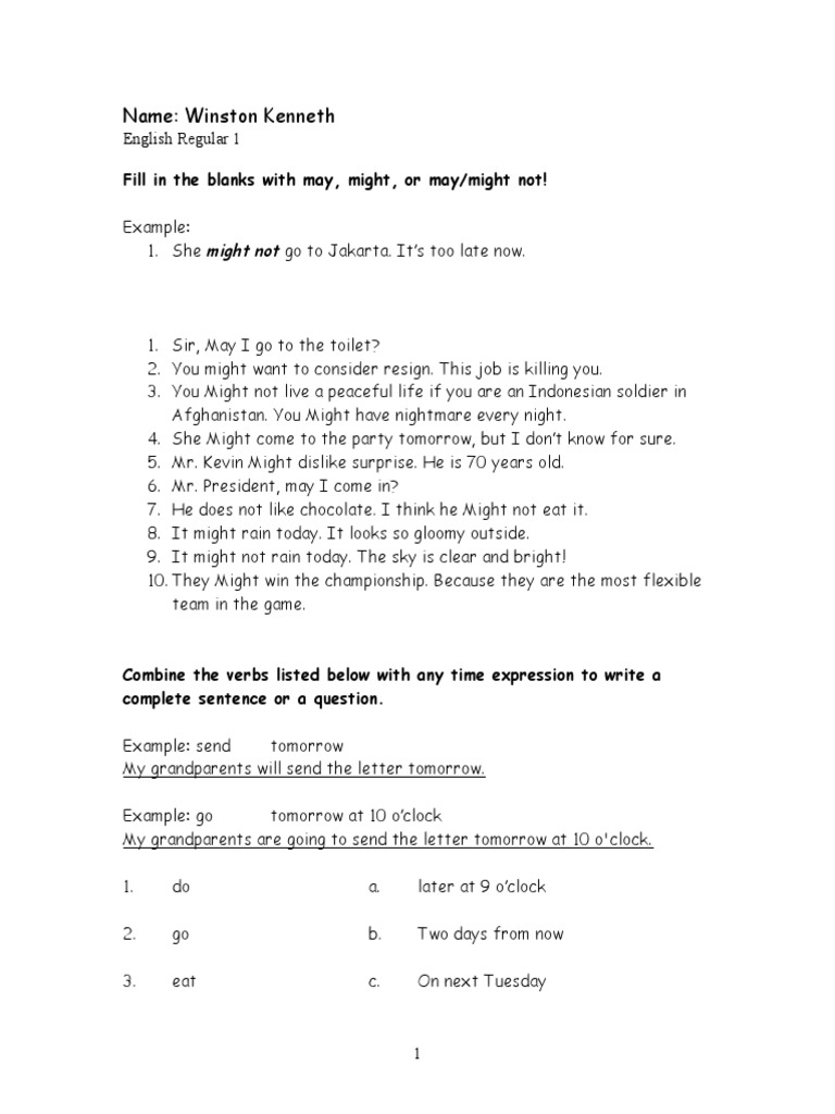 Will and Might Exercises Worksheet | PDF