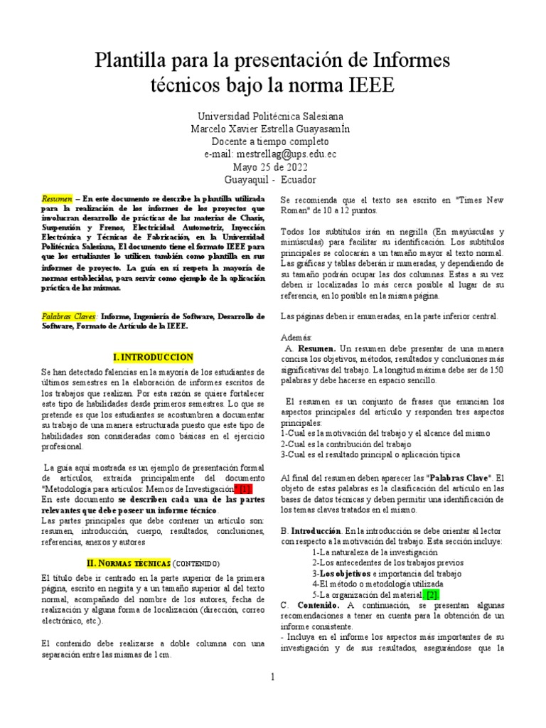 Plantilla para Presentacion de Informe Tecnico IEEE. | PDF