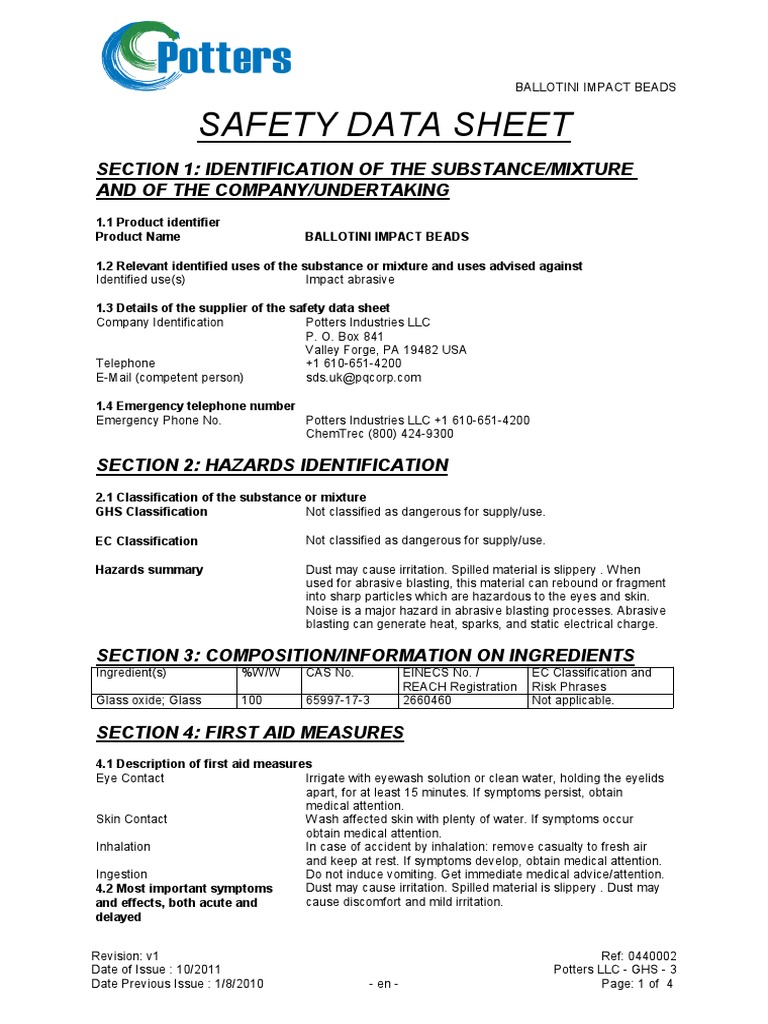 Potters Ballotini Glass Beads SDS | PDF | Toxicity | Occupational ...