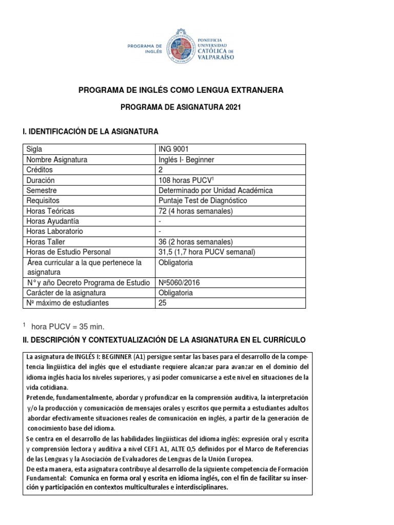 Programa Ingles 1 | PDF | Prueba (evaluación) | Comunicación