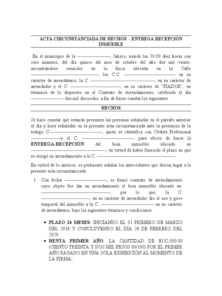 Acta de Hechos - Entrega-Recepción de Inmueble Arrendado | PDF